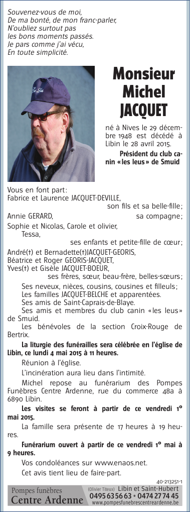 Décès de Monsieur Michel JACQUET (28-04-15), Annonce nécrologique