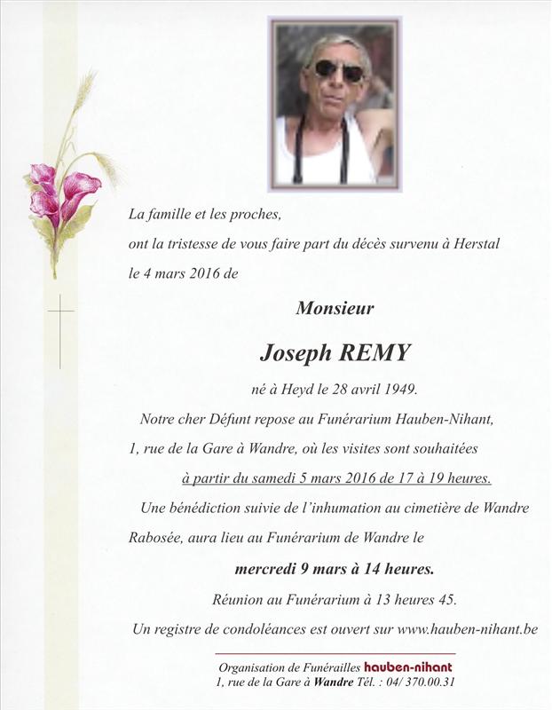 Décès de Monsieur Joseph REMY (04-03-16), Annonce nécrologique