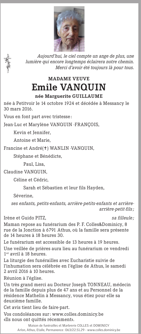 Décès de Madame Veuve Emile VANQUIN née Marguerite GUILLAUME (30-03-16 ...