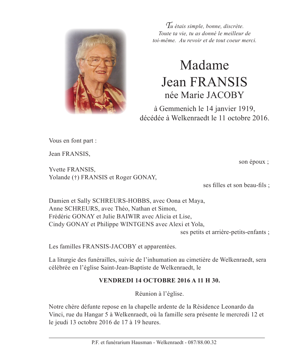 Décès de Madame Marie FRANSIS née JACOBY (11-10-16), Annonce nécrologique