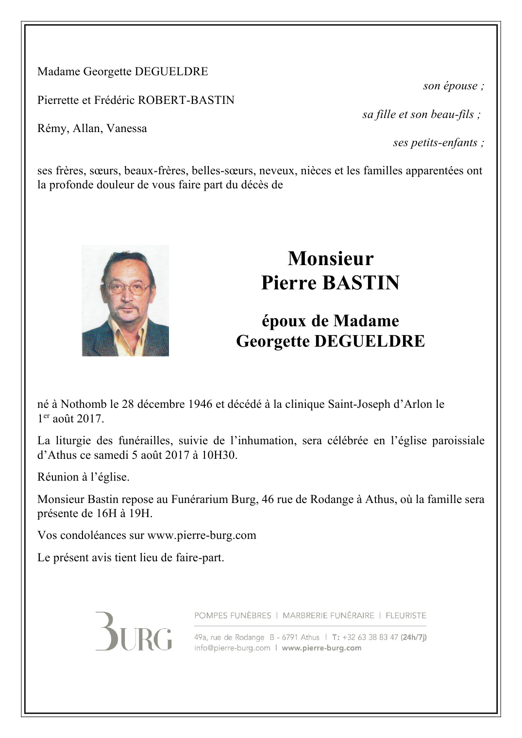 Décès de Monsieur Pierre BASTIN (01-08-17), Annonce nécrologique
