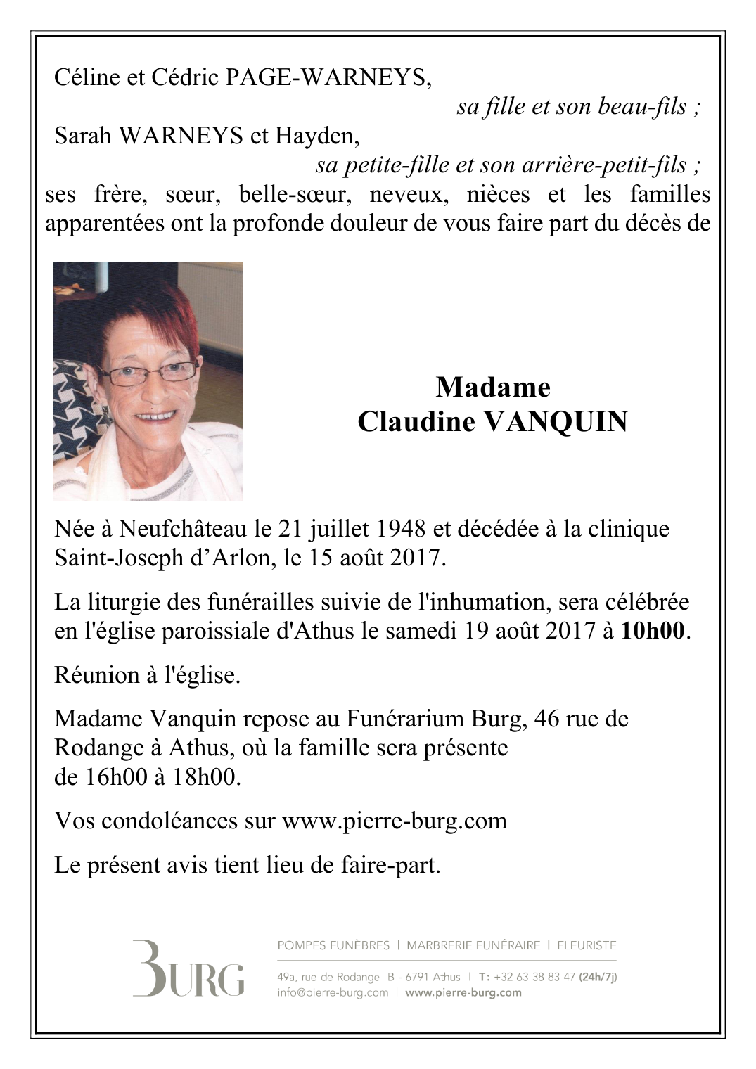 Décès de Madame Claudine VANQUIN (15-08-17), Annonce nécrologique