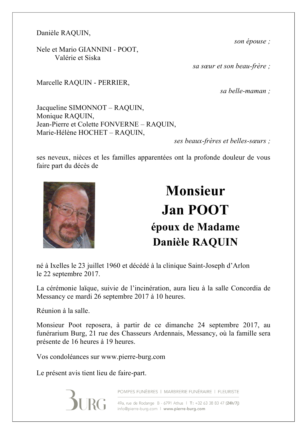 Décès de Monsieur Jan POOT (22-09-17), Annonce nécrologique