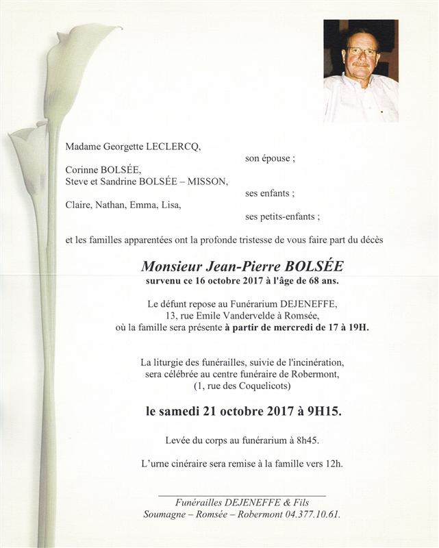 Décès de Monsieur Jean-Pierre BOLSÉE (16-10-17), Annonce nécrologique