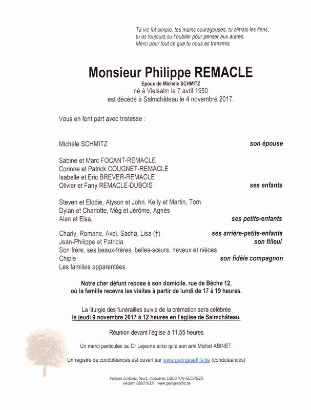Décès de Monsieur Philippe REMACLE (04-11-17), Annonce nécrologique