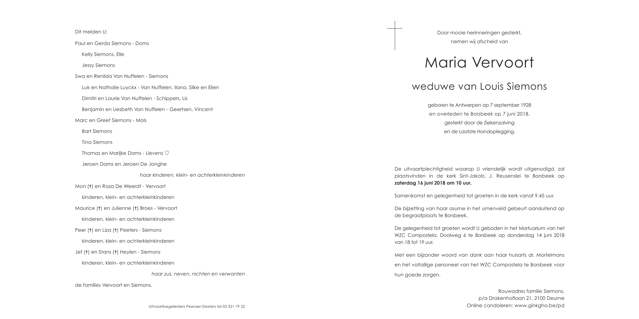 Décès de mevrouw Maria Vervoort (07-06-18), Overlijdensbericht