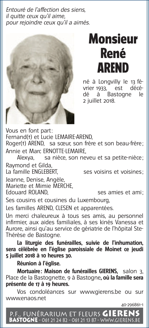 Décès de Monsieur René AREND (02-07-18), Annonce nécrologique