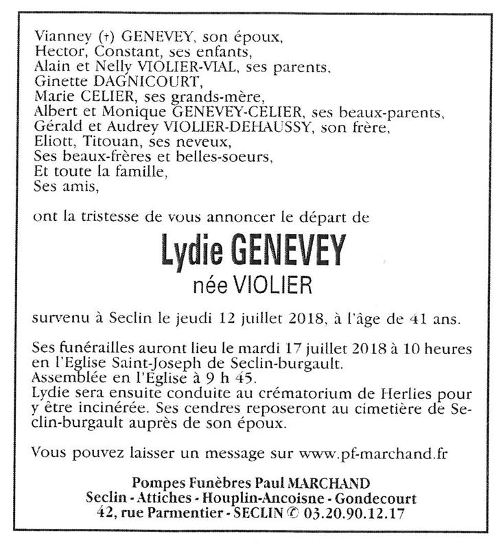Décès de Madame Lydie GENEVEY (12-07-18), Pour voir le faire-part de ...