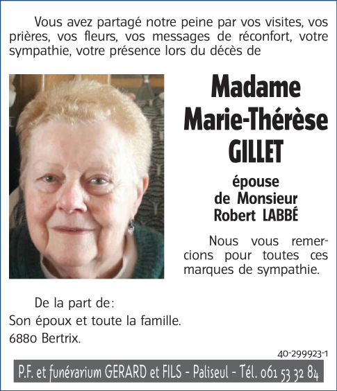 Décès de Madame Marie-Thérèse GILLET (20-07-18), Remerciement