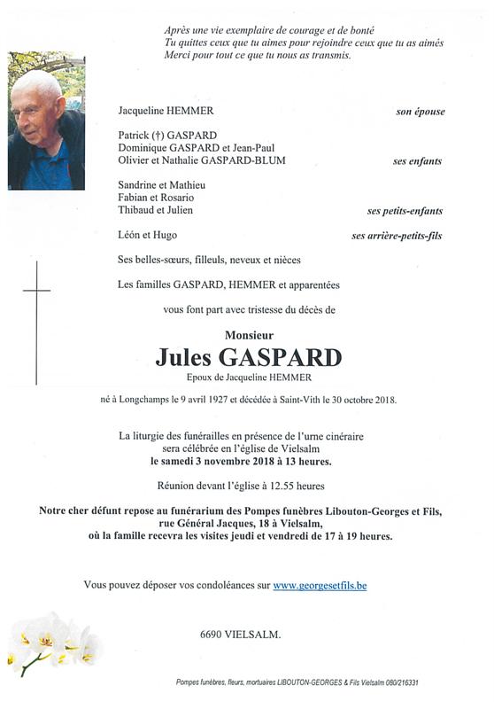 Décès de Monsieur Jules GASPARD (30-10-18), Annonce nécrologique