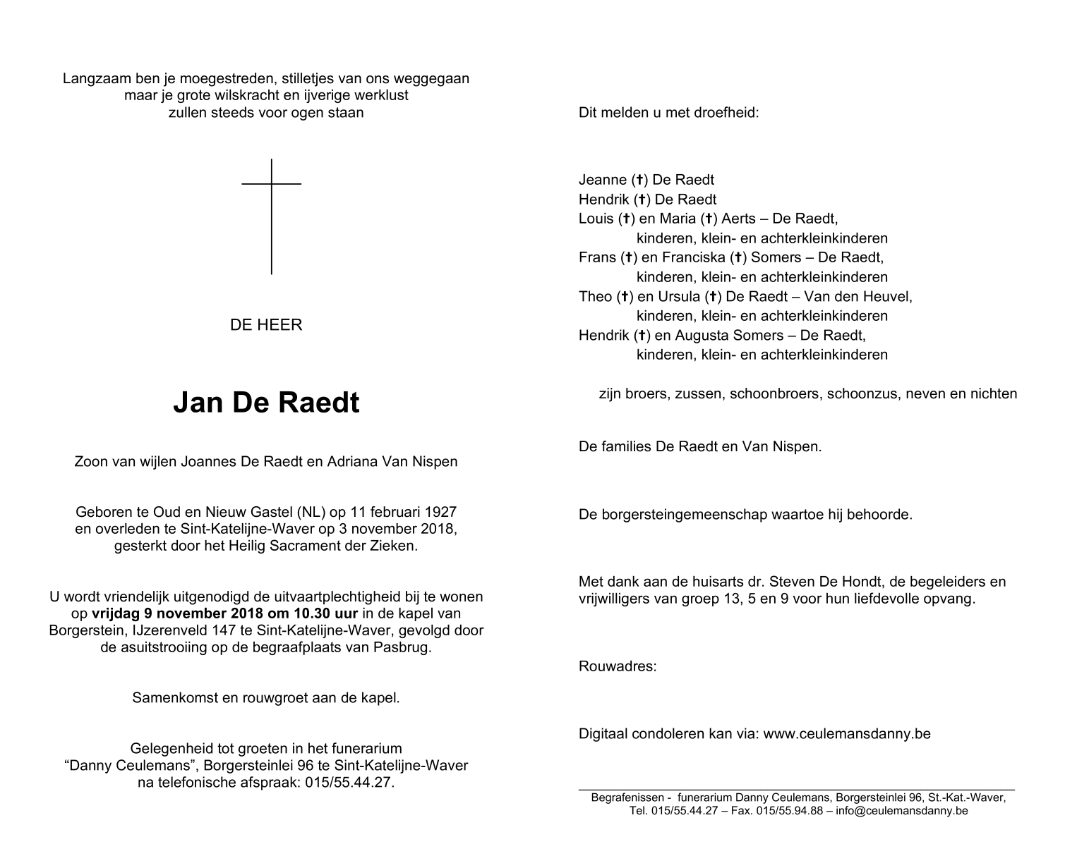 Décès de Mijnheer Jan De Raedt (03-11-18), Overlijdensbericht