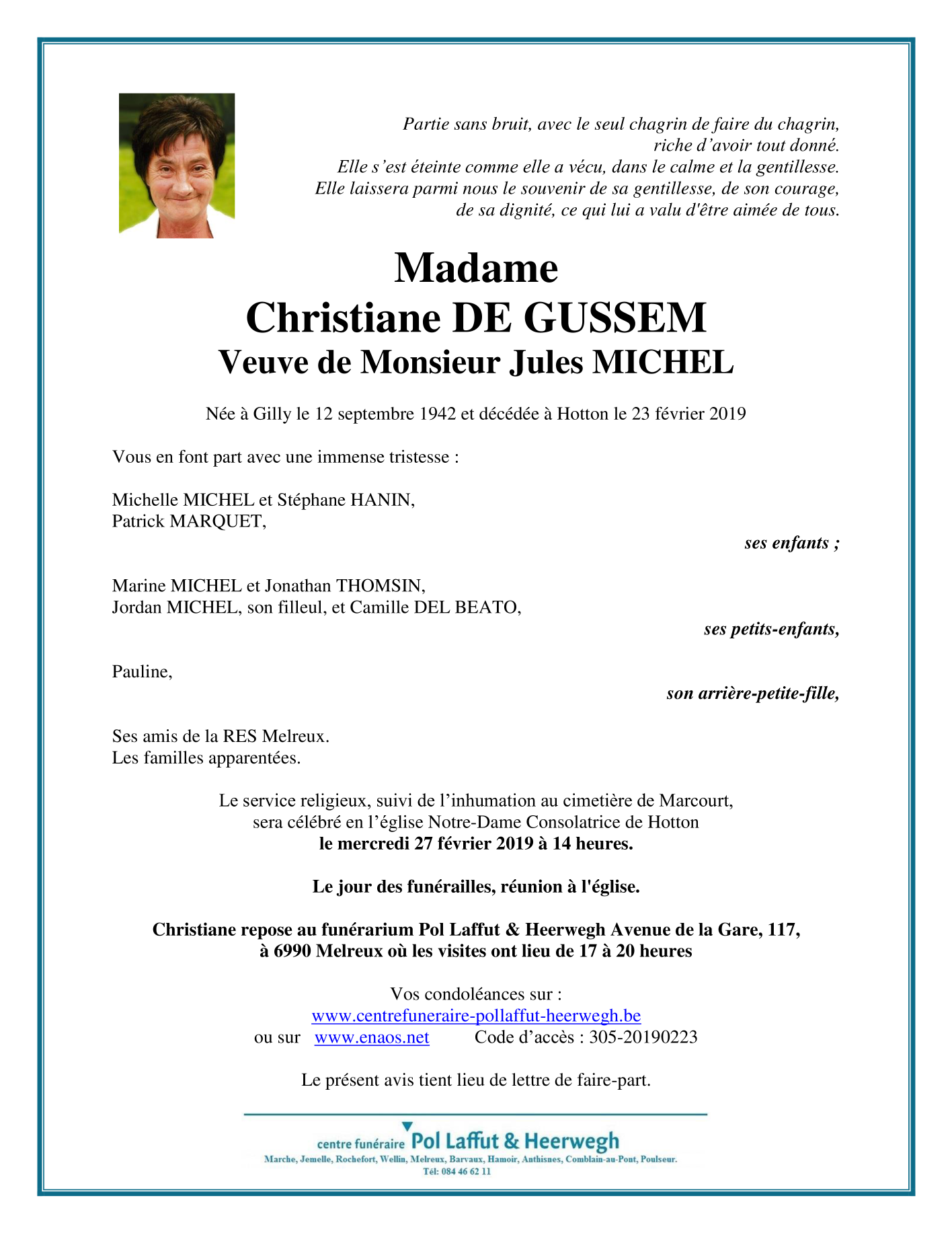 Décès de Madame Christiane DE GUSSEM (23-02-19), Annonce nécrologique