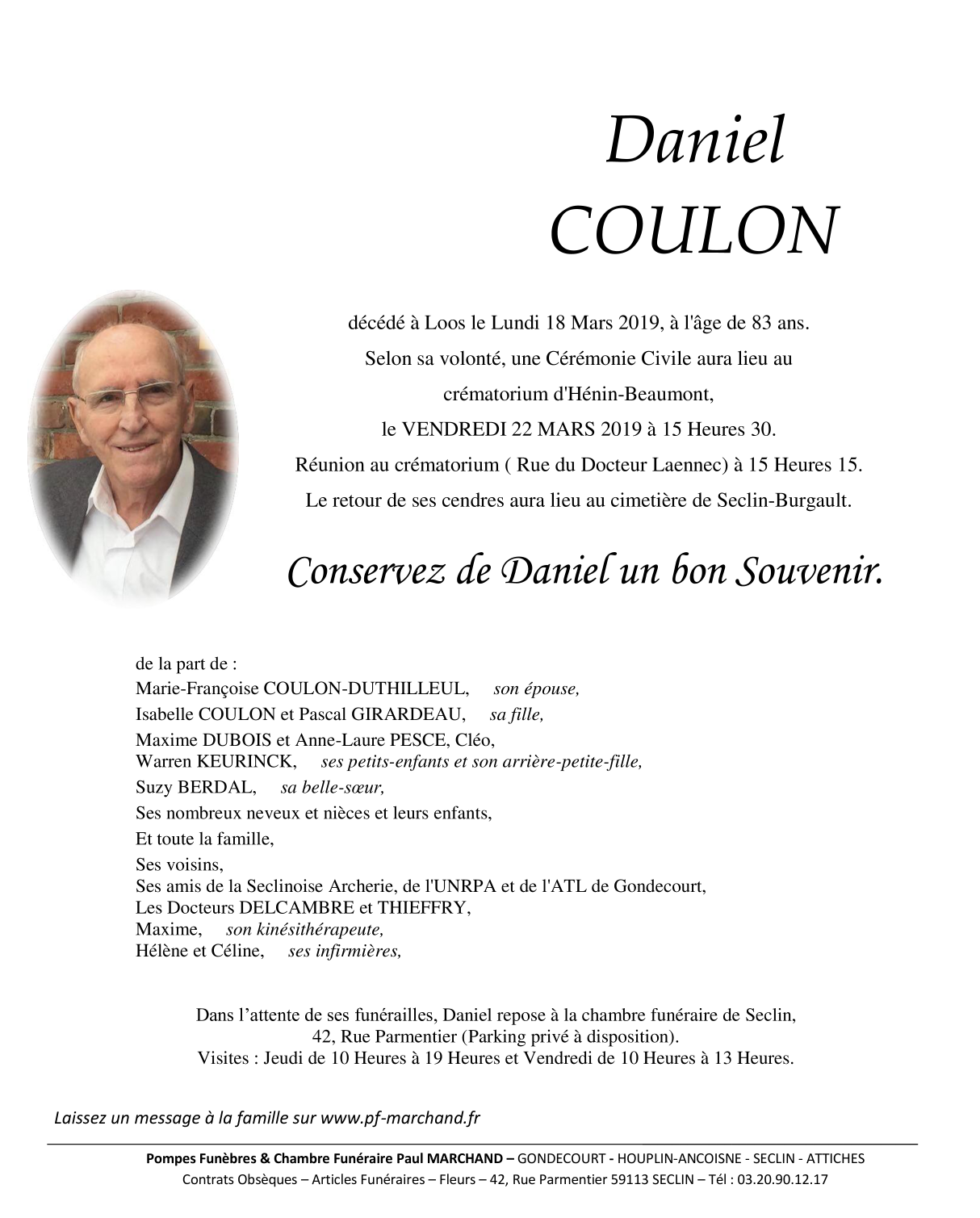 Décès de Monsieur Daniel COULON (18-03-19), Pour voir le faire-part de ...