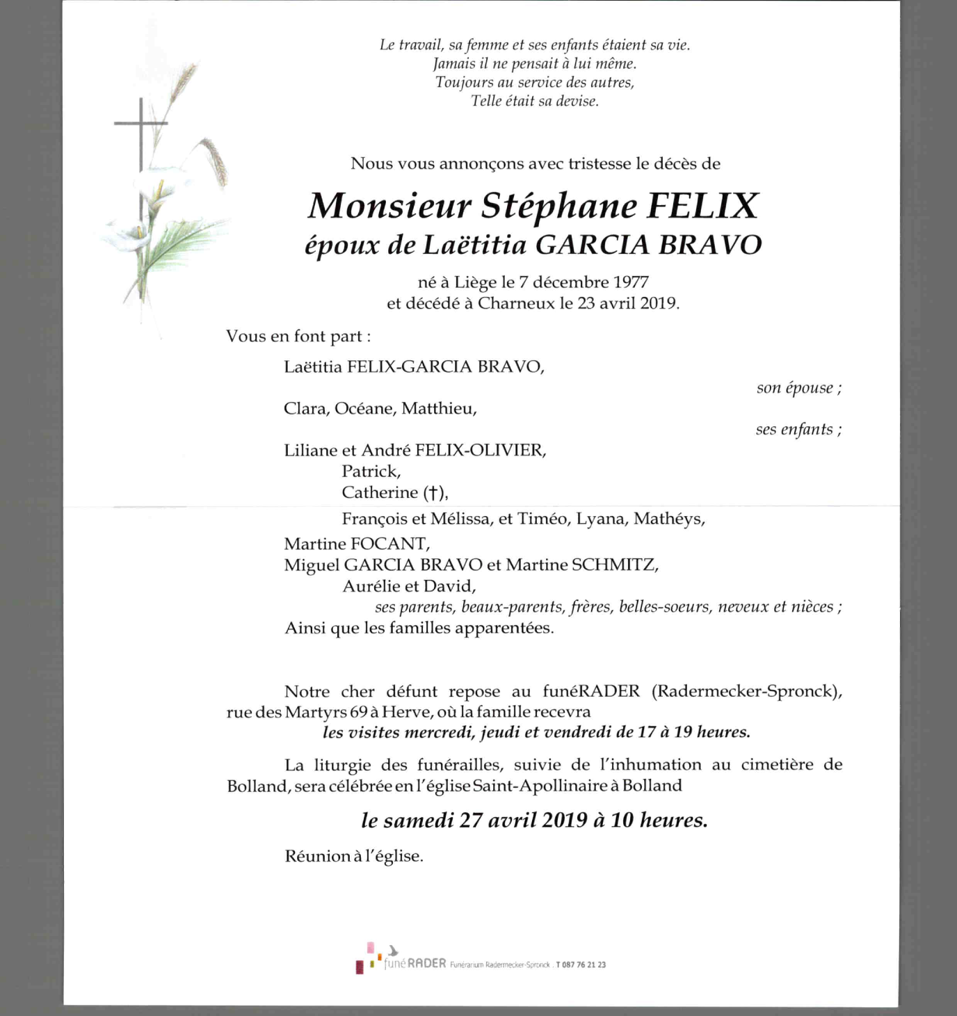 Décès de Monsieur Stéphane FELIX (23-04-19), Annonce nécrologique