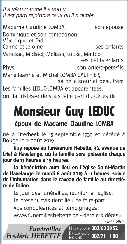 Décès de Monsieur Guy LEDUC (02-08-19), Annonce nécrologique