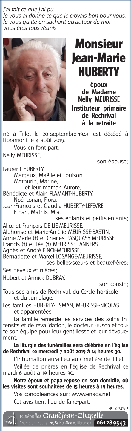 Décès de Monsieur Jean-Marie HUBERTY (04-08-19), Annonce nécrologique