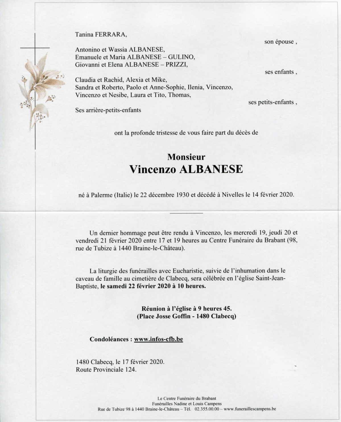 Décès de Monsieur Vincenzo ALBANESE (14-02-20), Annonce nécrologique