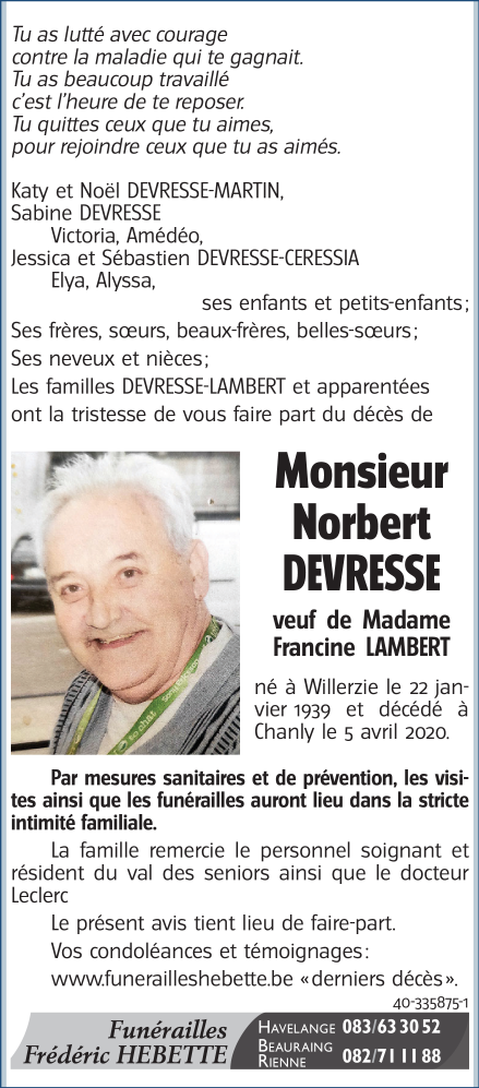 Décès de Monsieur Norbert DEVRESSE (05-04-20), Annonce nécrologique