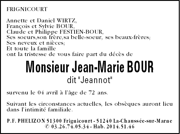 Décès de Monsieur Jean-Marie BOUR (04-04-20), Annonce nécrologique