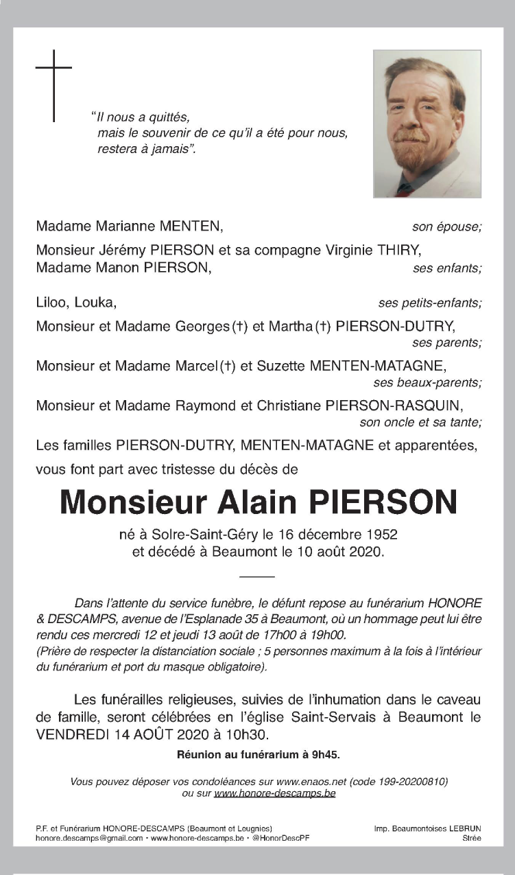Décès de Monsieur Alain PIERSON (10-08-20), Annonce nécrologique