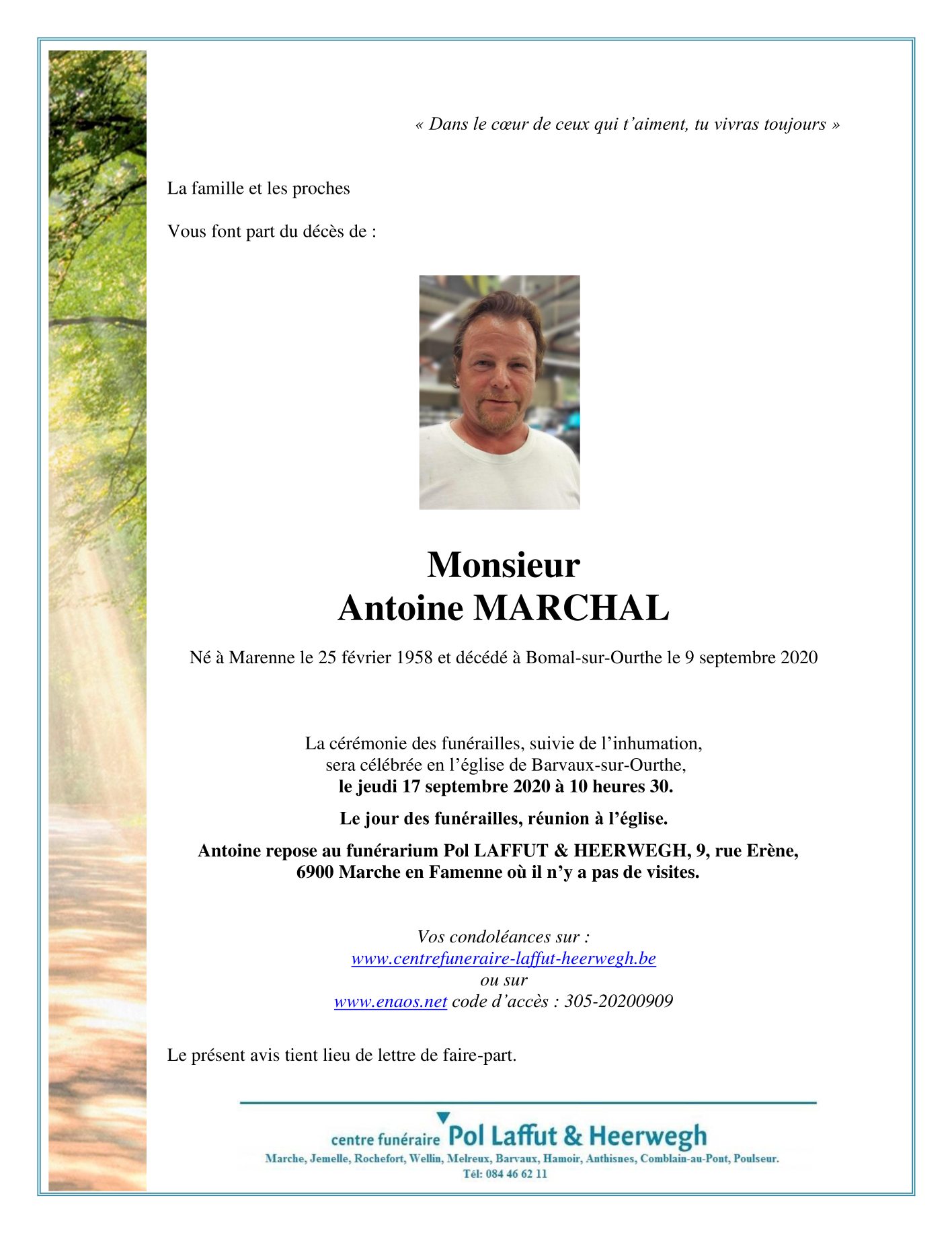 Décès de Monsieur Antoine MARCHAL (09-09-20), Annonce nécrologique
