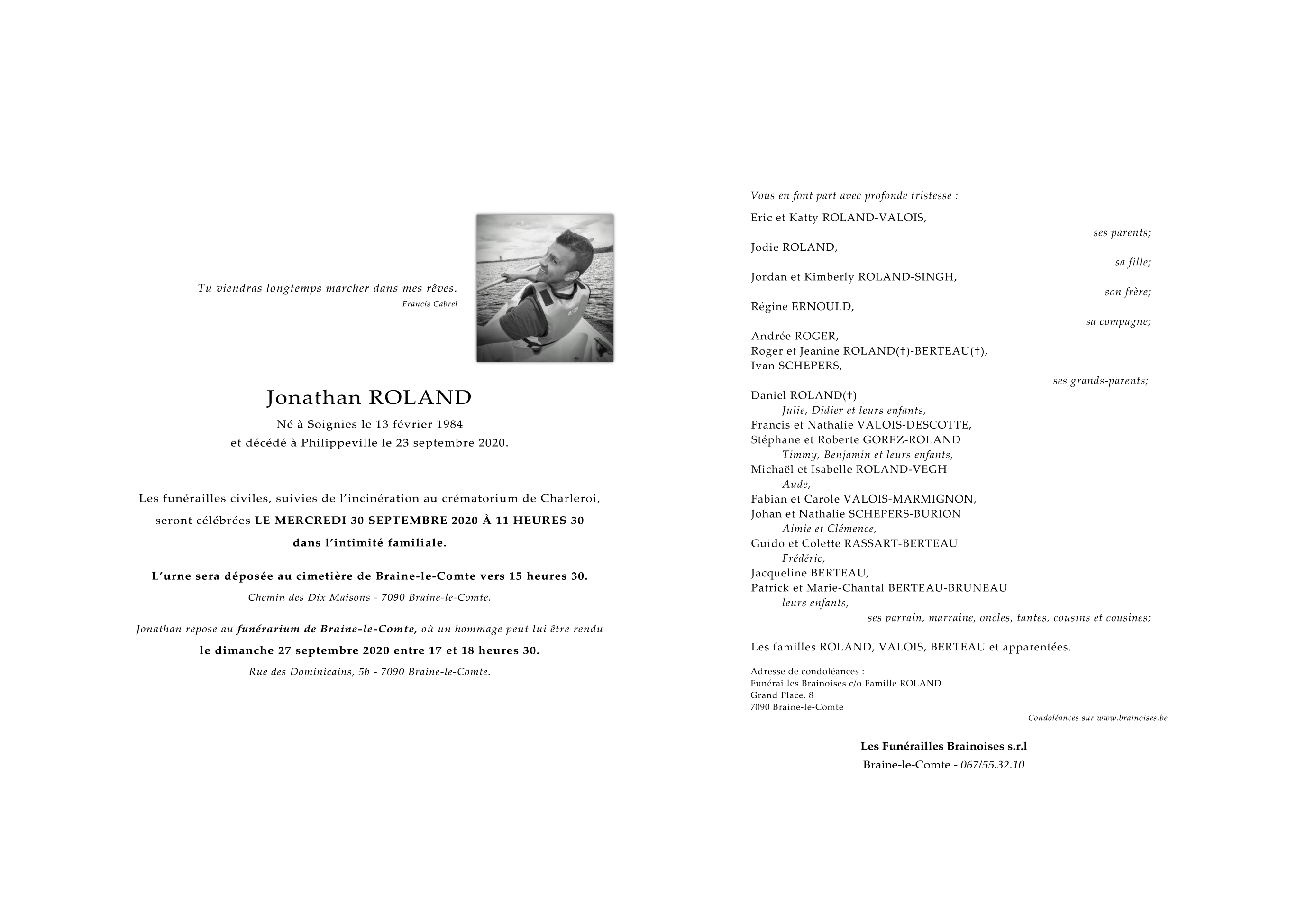Décès de Monsieur Jonathan ROLAND (23-09-20), Annonce nécrologique
