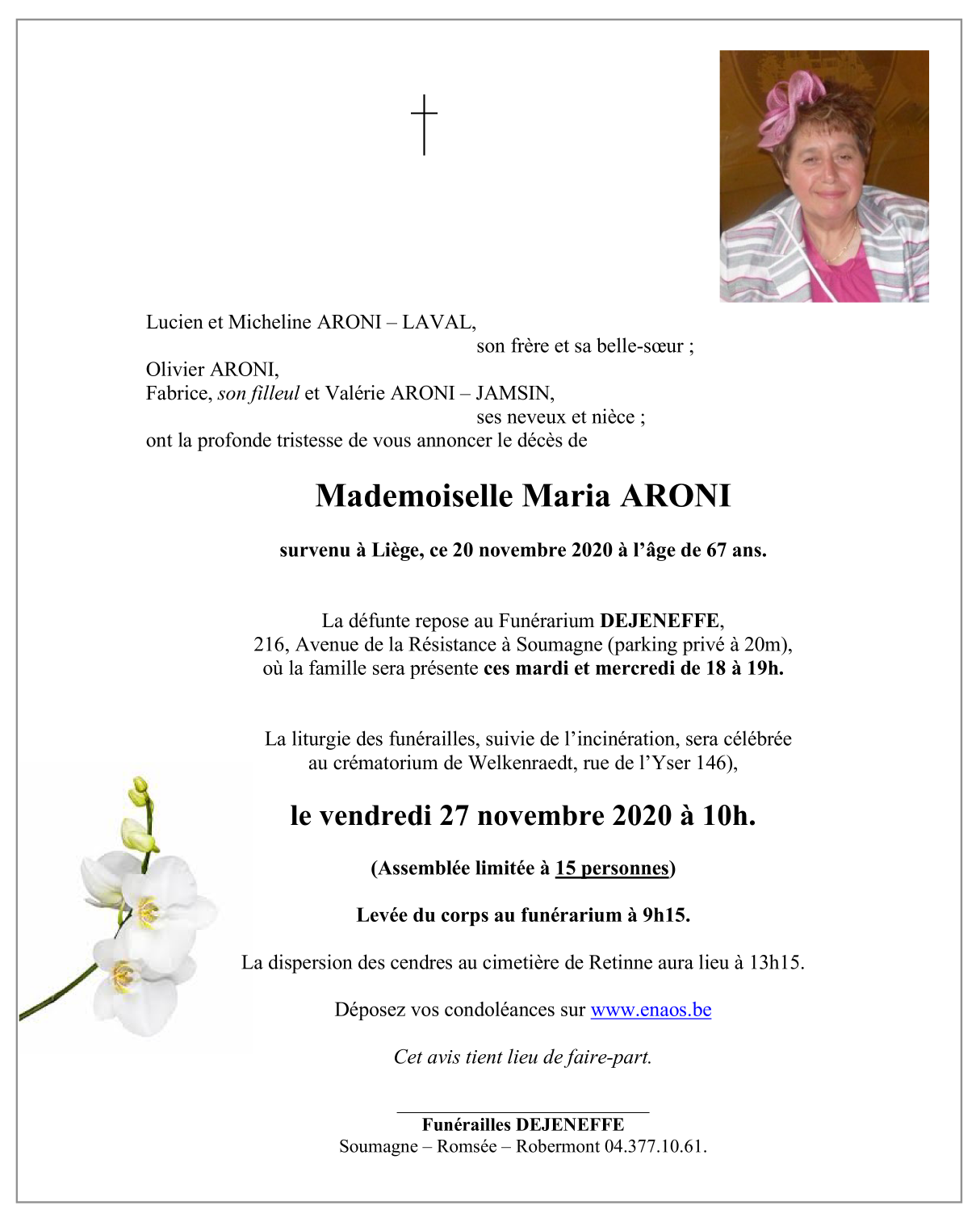 Décès de Mademoiselle Maria ARONI (20-11-20), Annonce nécrologique