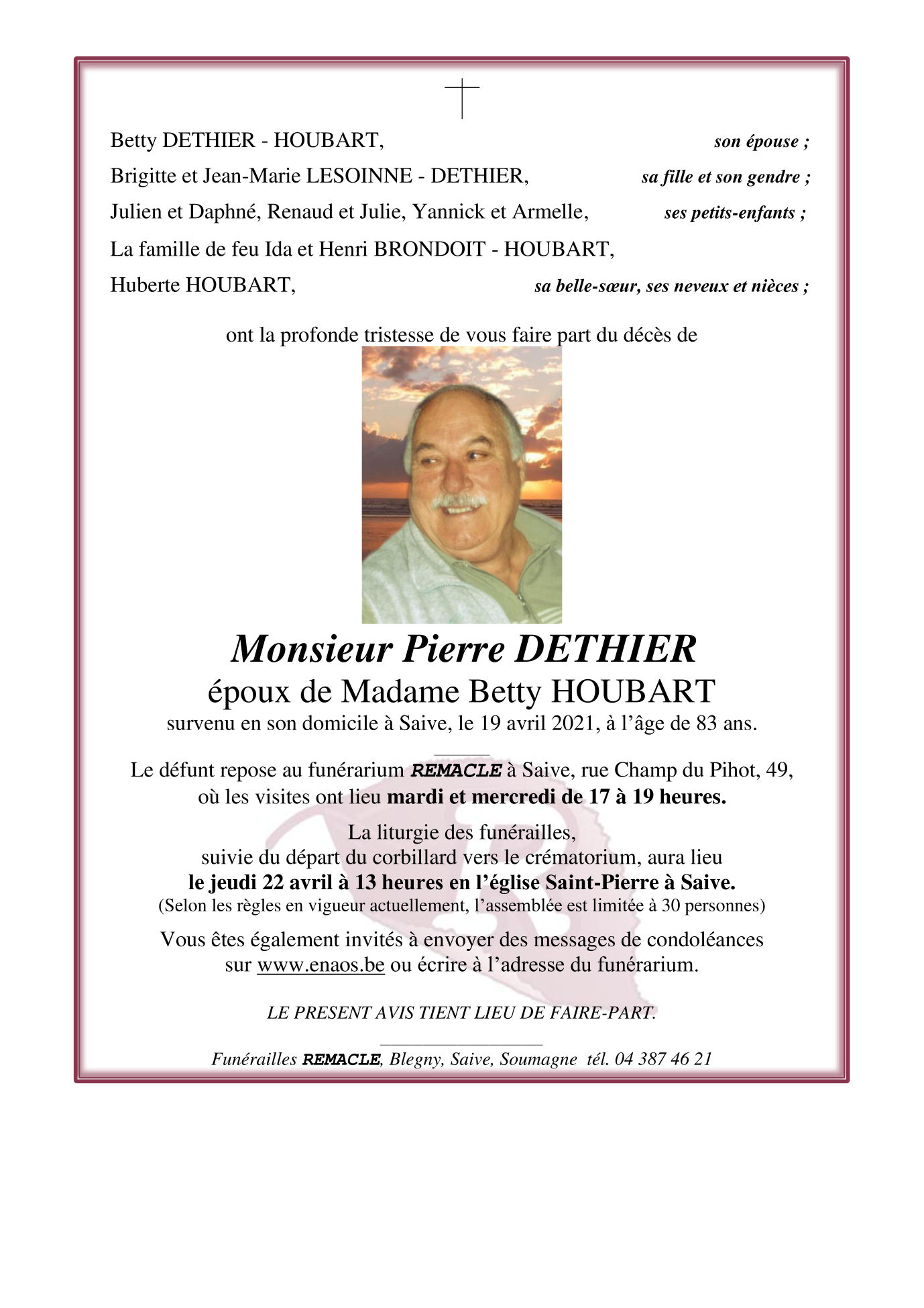 Décès de Monsieur Pierre DETHIER (19-04-21), Annonce nécrologique