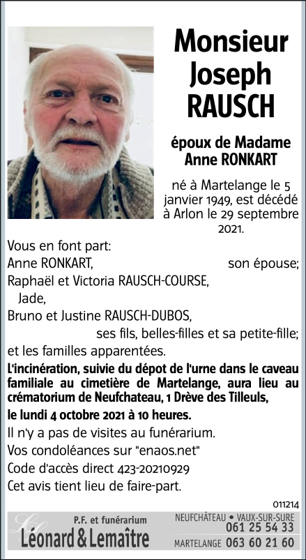 Décès de Monsieur Joseph RAUSCH (29-09-21), Annonce nécrologique