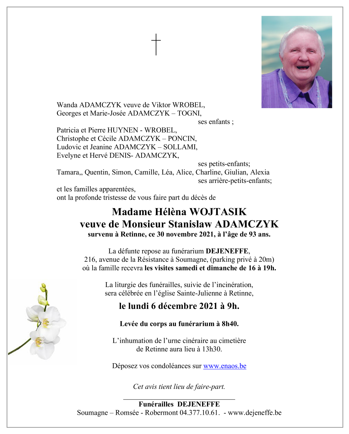 Décès de Madame Hélèna ADAMCZYK - WOJTASIK (30-11-21), Annonce nécrologique