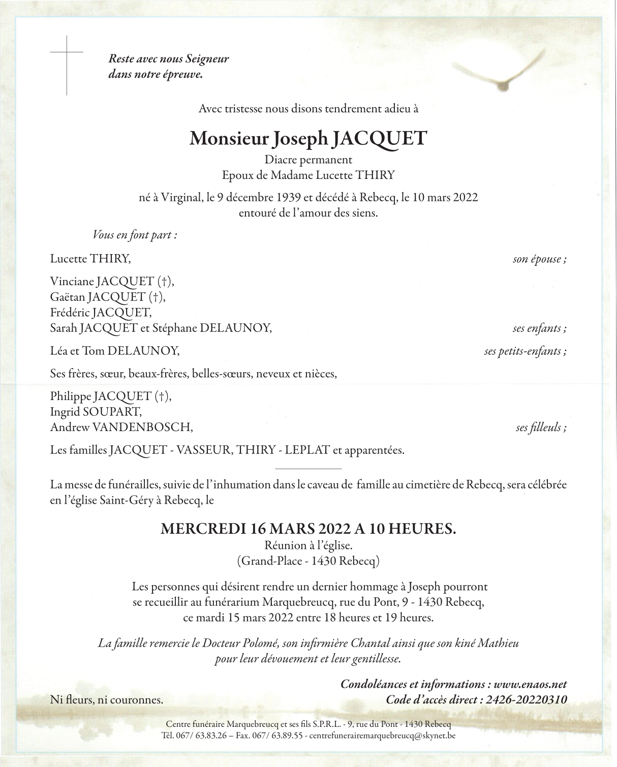 Décès de Monsieur Joseph JACQUET (10-03-22), Annonce nécrologique