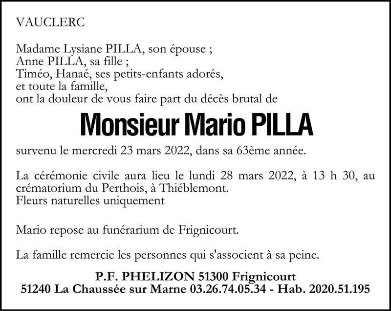 Décès de Monsieur Mario PILLA (23-03-22), Annonce nécrologique