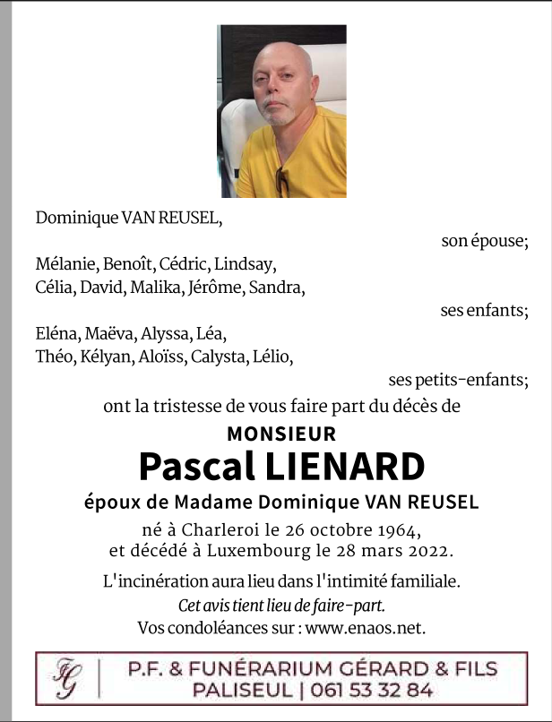 Décès de Monsieur Pascal LIENARD (29-03-22), Annonce nécrologique