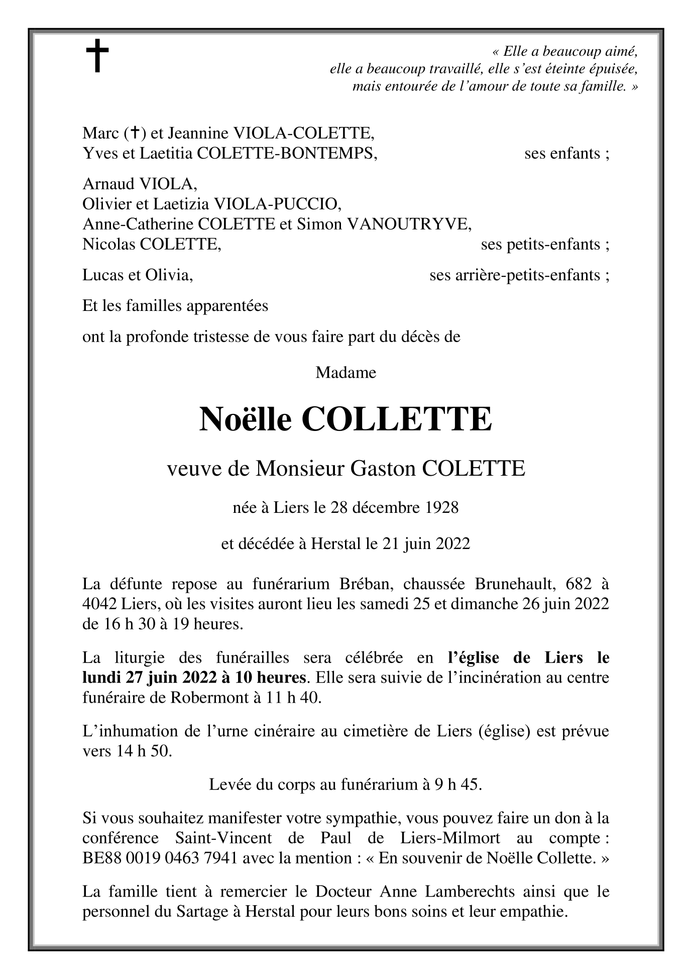 Décès de Madame Noëlle COLLETTE veuve de Gaston COLETTE (21-06-22 ...
