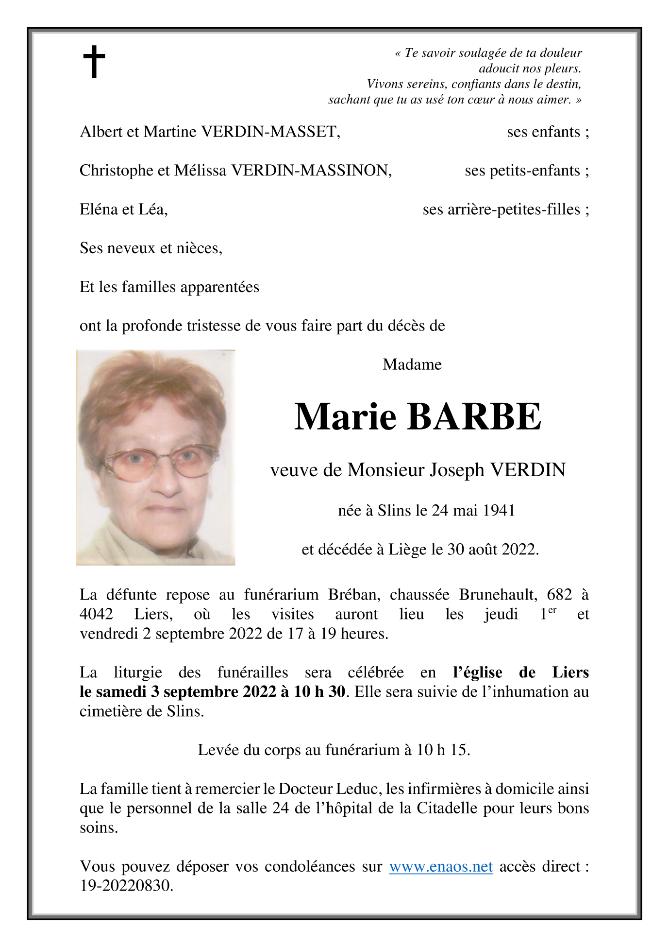 Décès de Madame Marie BARBE veuve de Joseph VERDIN (30-08-22), Annonce ...