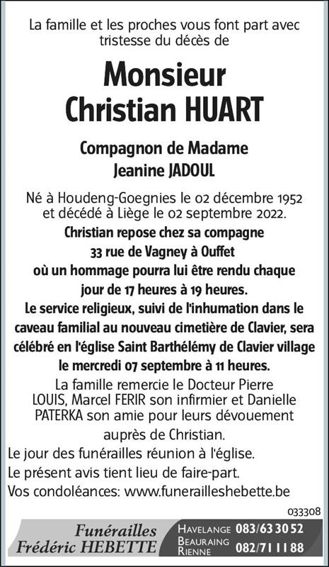 Décès de Monsieur Christian Huart (02-09-22), Annonce nécrologique