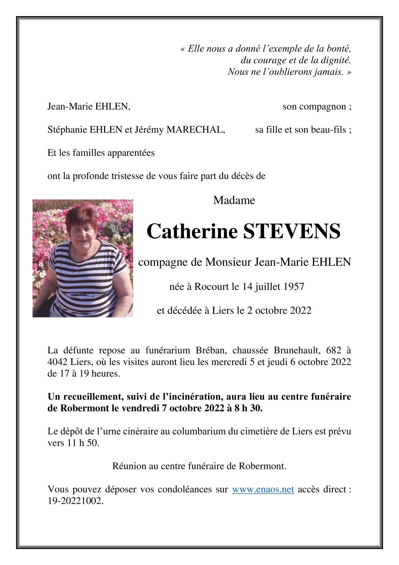 Décès de Madame Catherine STEVENS compagne de Jean-Marie EHLEN (02-10 ...