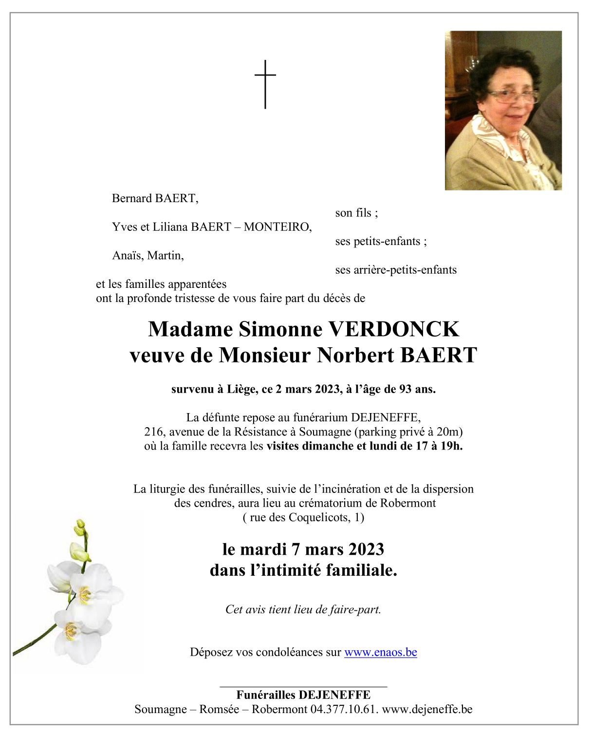 Décès de Madame Simonne BAERT - VERDONCK (02-03-23), Annonce nécrologique