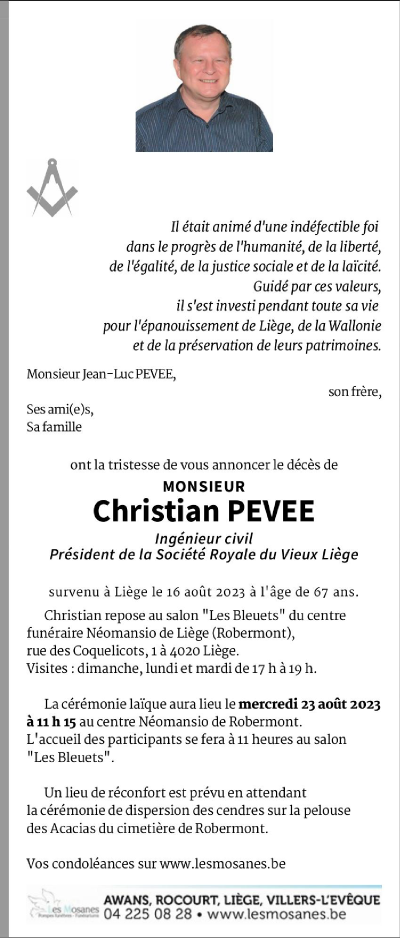Décès de Monsieur Christian PEVEE (16-08-23), Annonce nécrologique