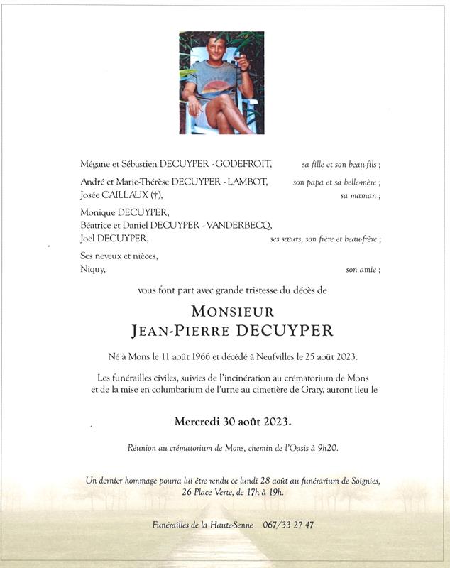 Décès de Monsieur Jean-Pierre DECUYPER (25-08-23), Annonce nécrologique