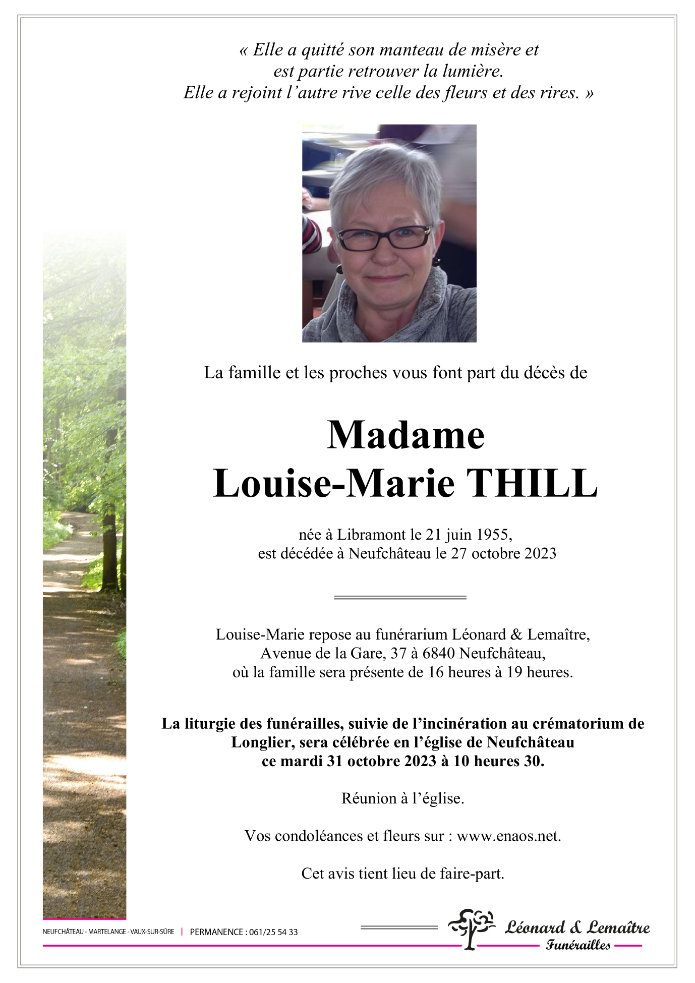 Décès de Madame Louise-Marie THILL (27-10-23), Annonce nécrologique