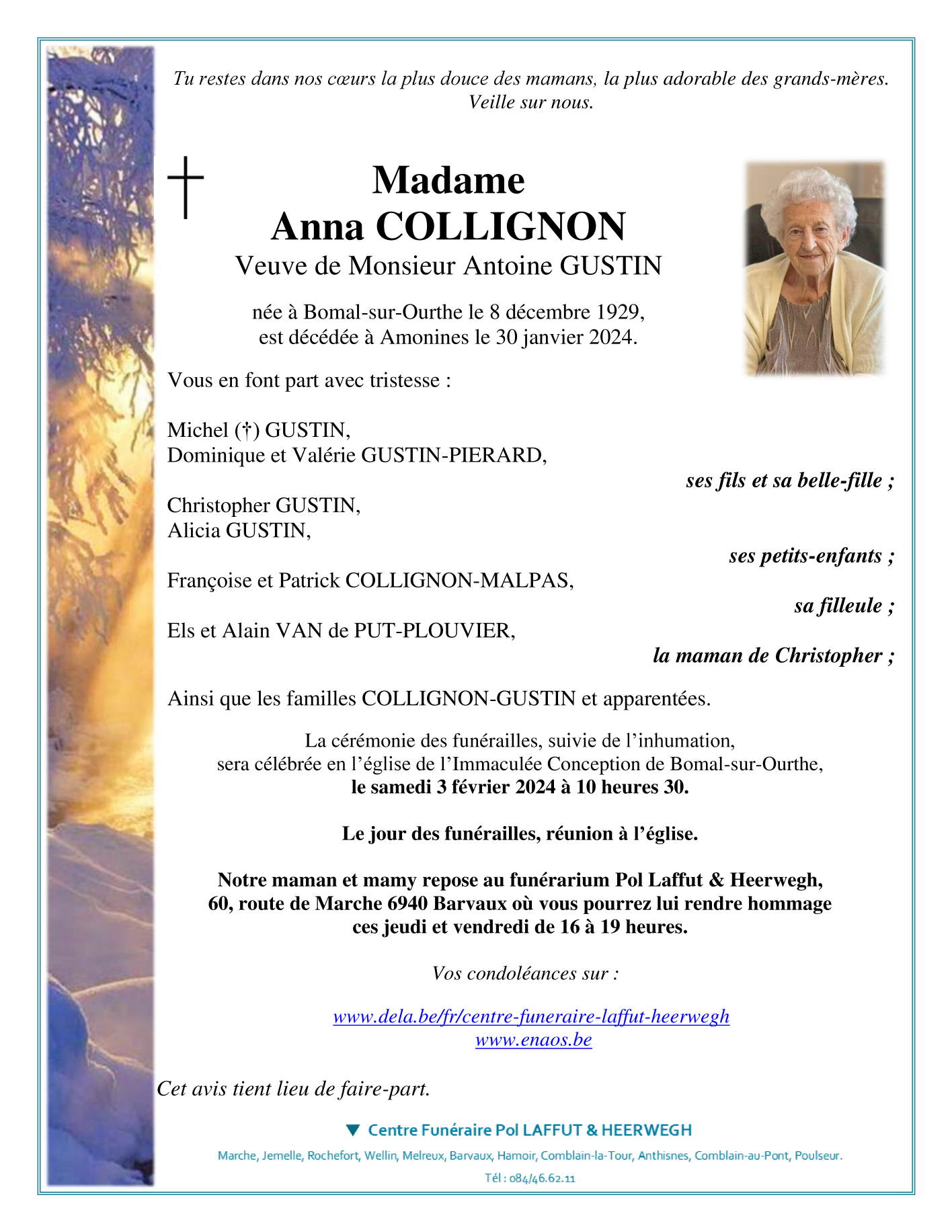 Décès de Madame Anna COLLIGNON (30-01-24), Annonce nécrologique