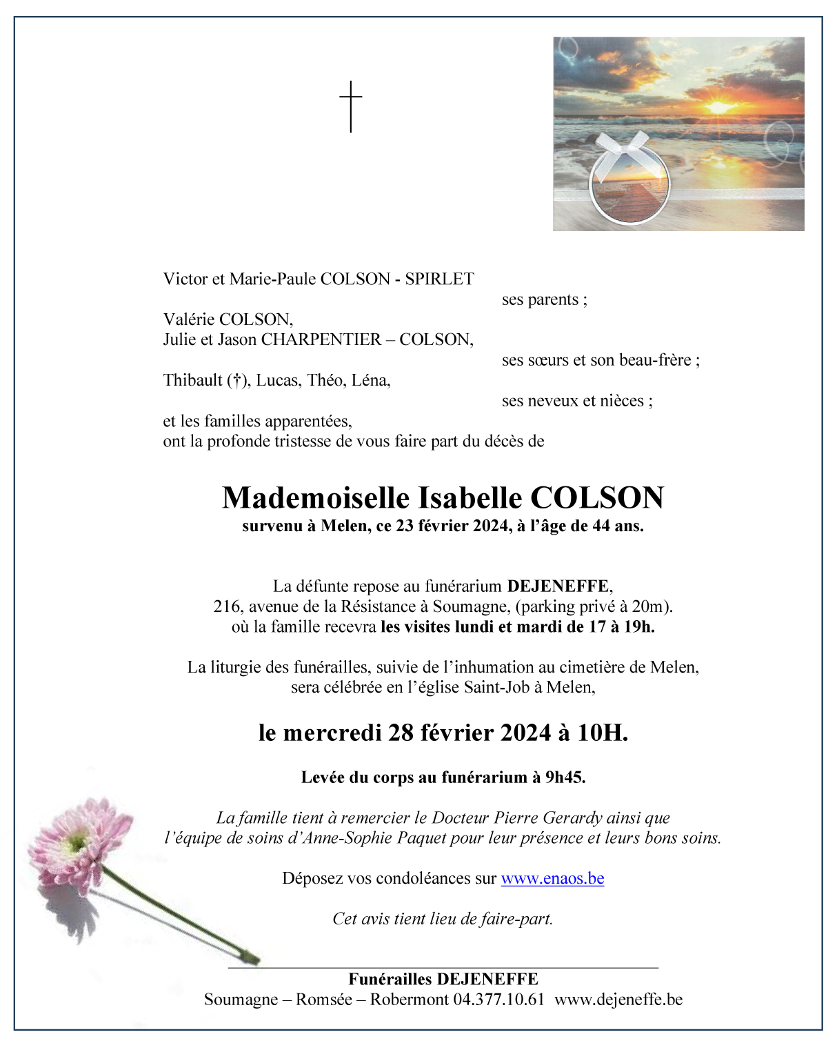 Décès de Mademoiselle Isabelle COLSON (23-02-24), Annonce nécrologique