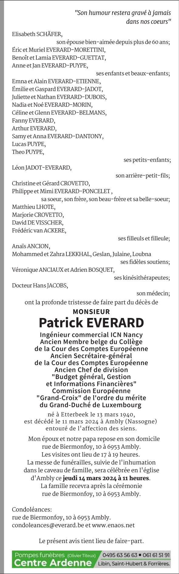 Décès de Monsieur Patrick EVERARD (11-03-24), Annonce nécrologique