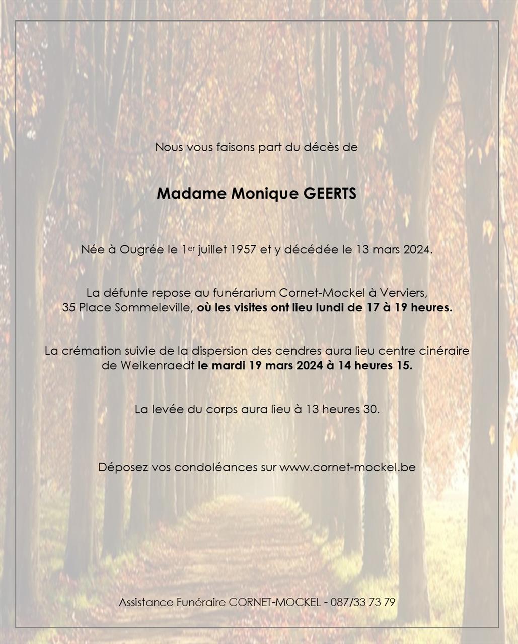 Décès de Madame Monique Geerts (13-03-24), Nécrologie