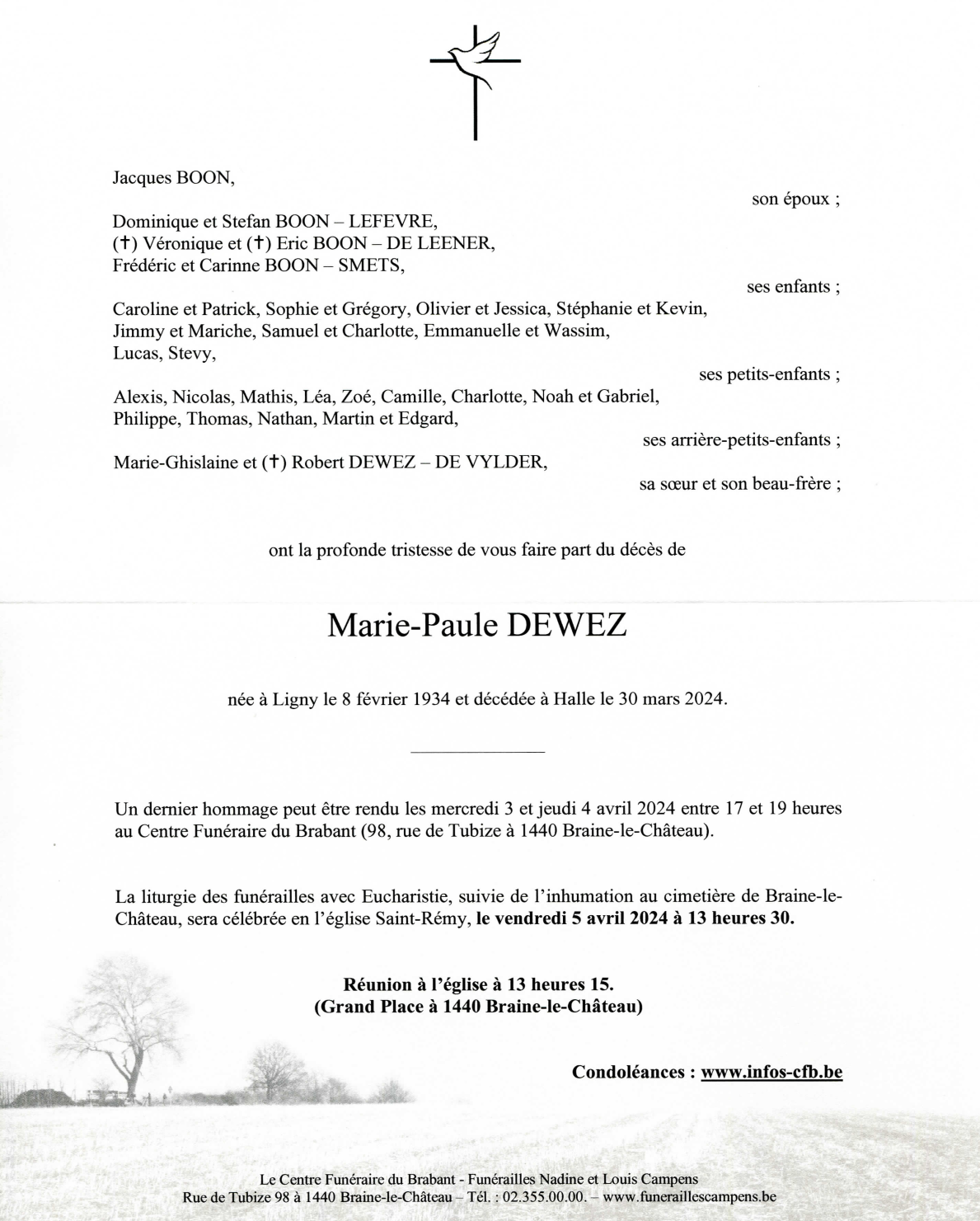 Décès de Madame Marie Paule DEWEZ (30-03-24), Annonce nécrologique