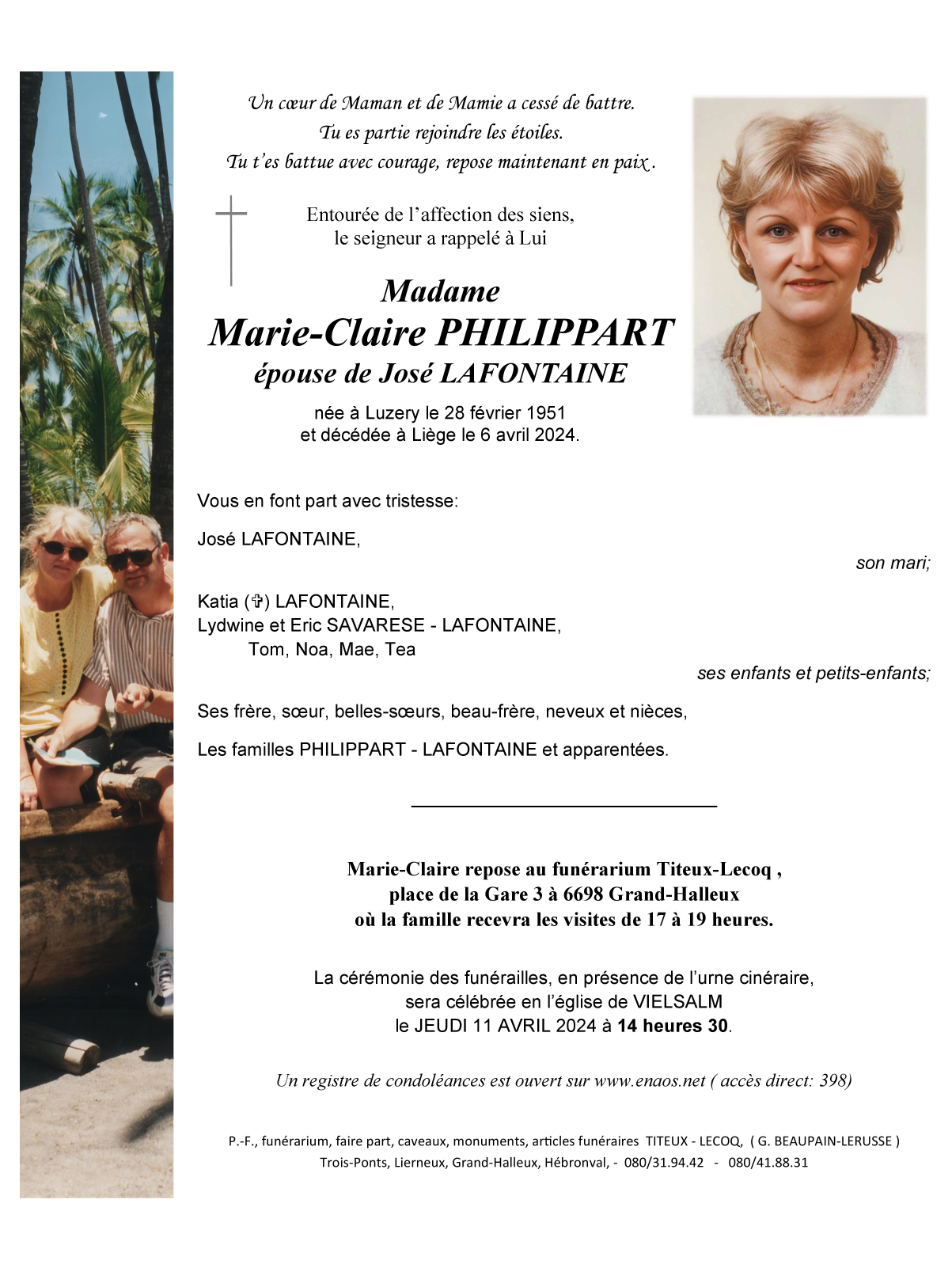 Décès de Madame Marie-Claire PHILIPPART (06-04-24), Annonce nécrologique