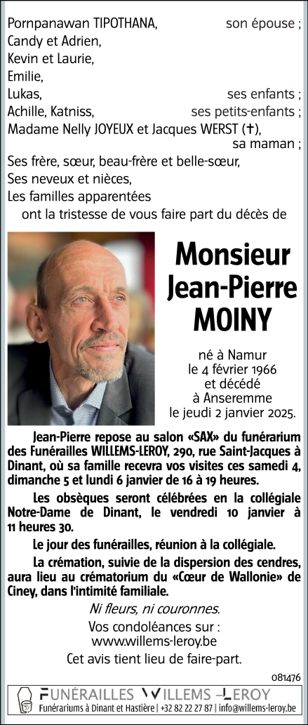 Décès de Monsieur Jean-Pierre MOINY (02-01-25), Annonce nécrologique