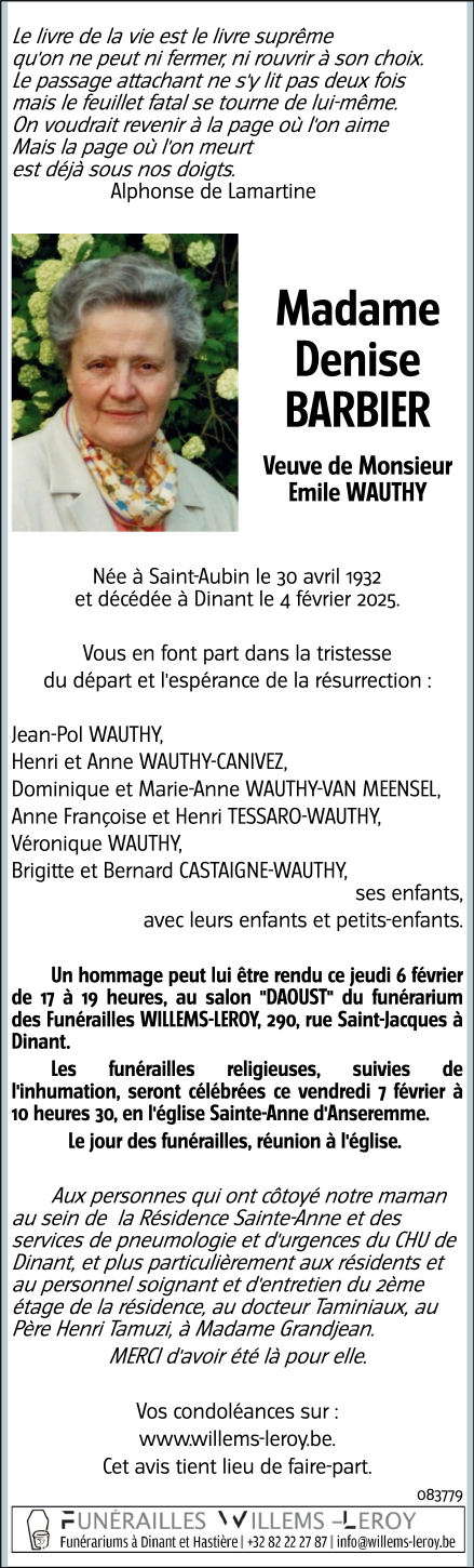 Décès de Madame Denise BARBIER (04-02-25), Annonce nécrologique